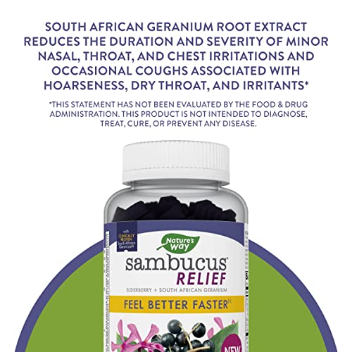 Nature’s Way Sambucus Relief Gummies, Feel Better Faster**, Reactive Support, Clinically Proven South African Geranium, with Elderberry, Vitamin C & Zinc, 60 Gummies