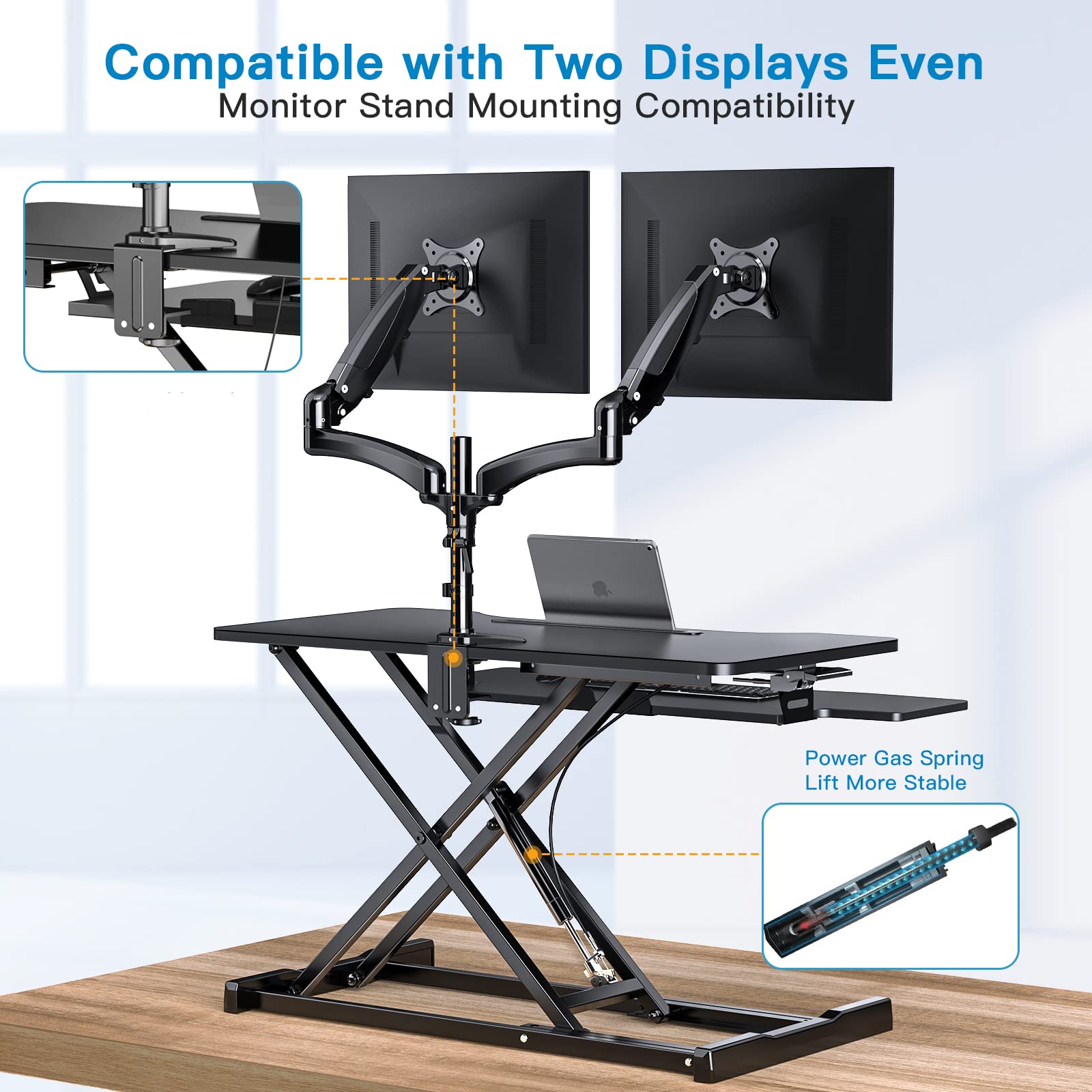 HUANUO Quick Sit to Stand Desktop Gas Spring Riser (Max Height:19.3inch), 32 inch Height Adjustable Standing Desk Converter for Dual Computer Monitors & Laptop Workstation, Perfect Home Office