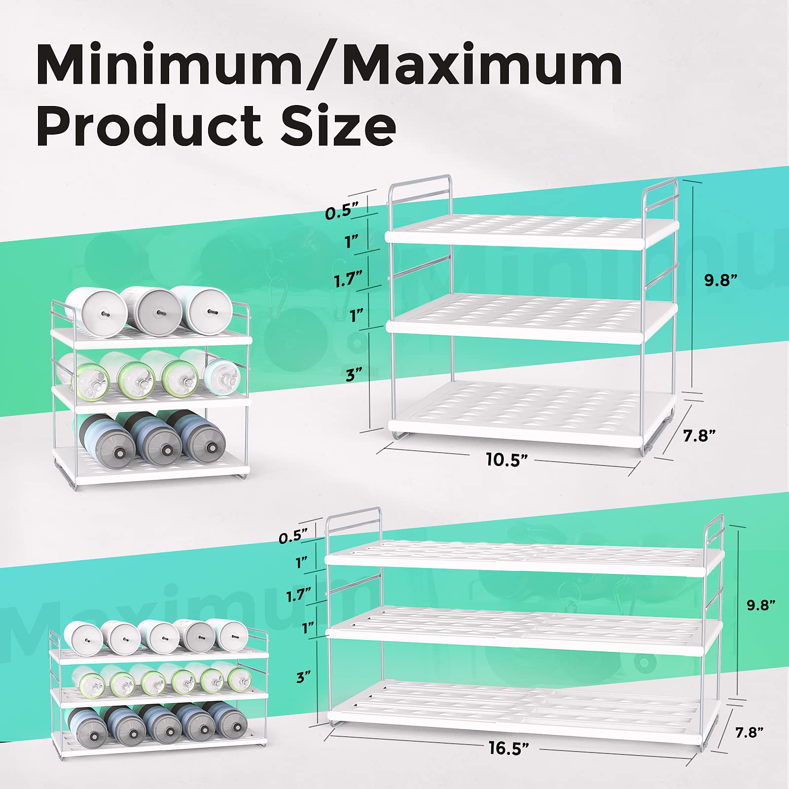 Expandable Water Bottle Organizer, Oylik 3-Shelf Stackable Plastic Water Bottle Holder, Height Adjustable Water Bottle Storage Rack for Kitchen Cabinets,Countertop,Pantry,Freezer,Fridge