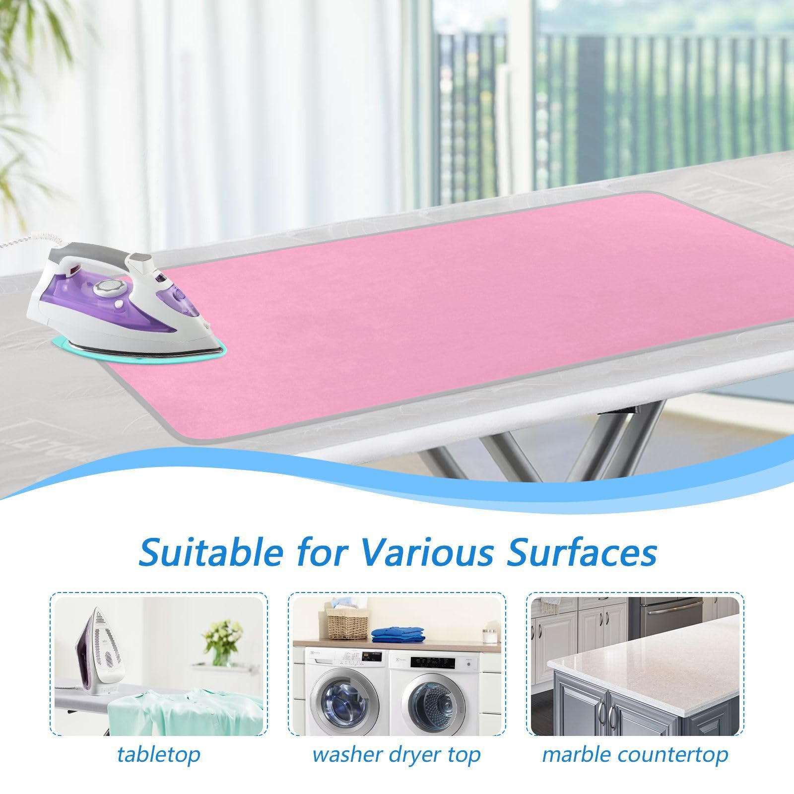 Kigai Plain Carnation Pink Solid Color Ironing Mat - with 3mm Padding & Silicone Iron Rest, Quilting & Travel Portable Ironing Pad, Quilted Washer Dryer Heat Resistant Pad 47 X 27.6 Inch