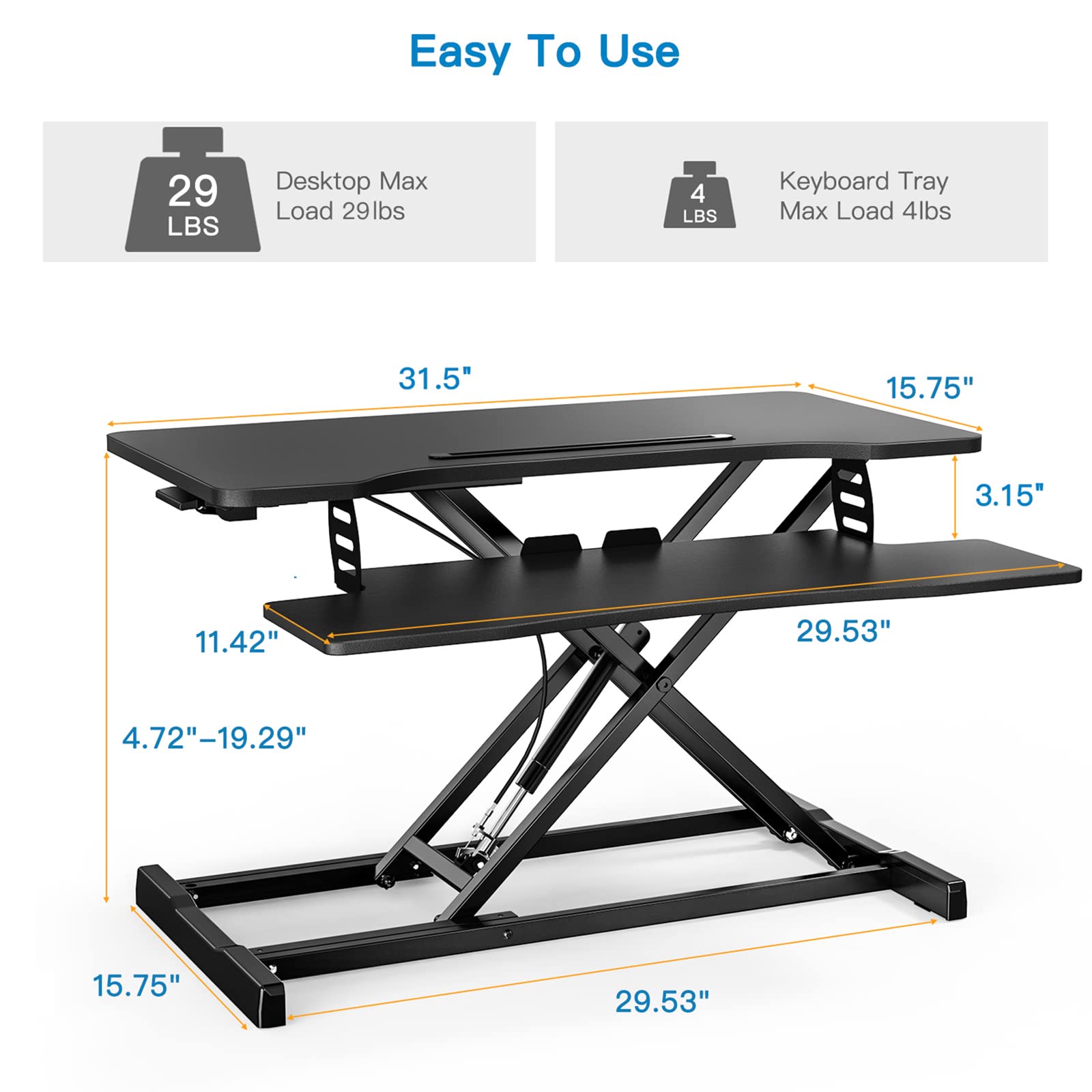 HUANUO Quick Sit to Stand Desktop Gas Spring Riser (Max Height:19.3inch), 32 inch Height Adjustable Standing Desk Converter for Dual Computer Monitors & Laptop Workstation, Perfect Home Office