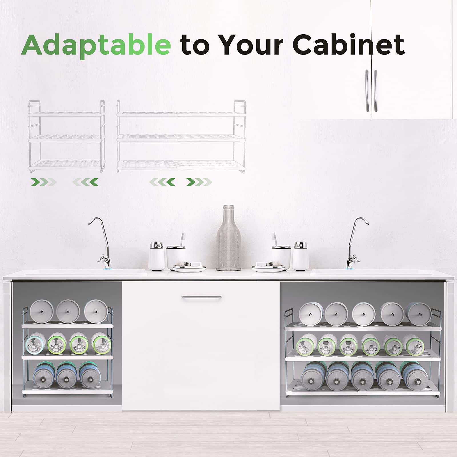 Expandable Water Bottle Organizer, Oylik 3-Shelf Stackable Plastic Water Bottle Holder, Height Adjustable Water Bottle Storage Rack for Kitchen Cabinets,Countertop,Pantry,Freezer,Fridge