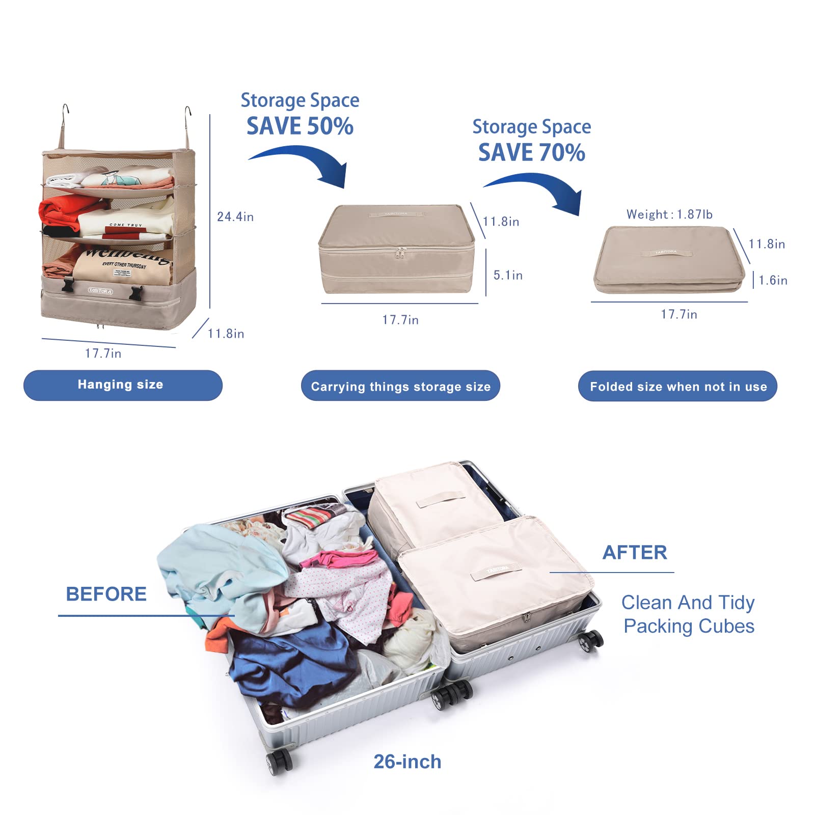 TABITORA Portable Hanging Travel Shelves Bag Packing Cube Organizer Suitcase Storage Large Capacity (Beige XL)…