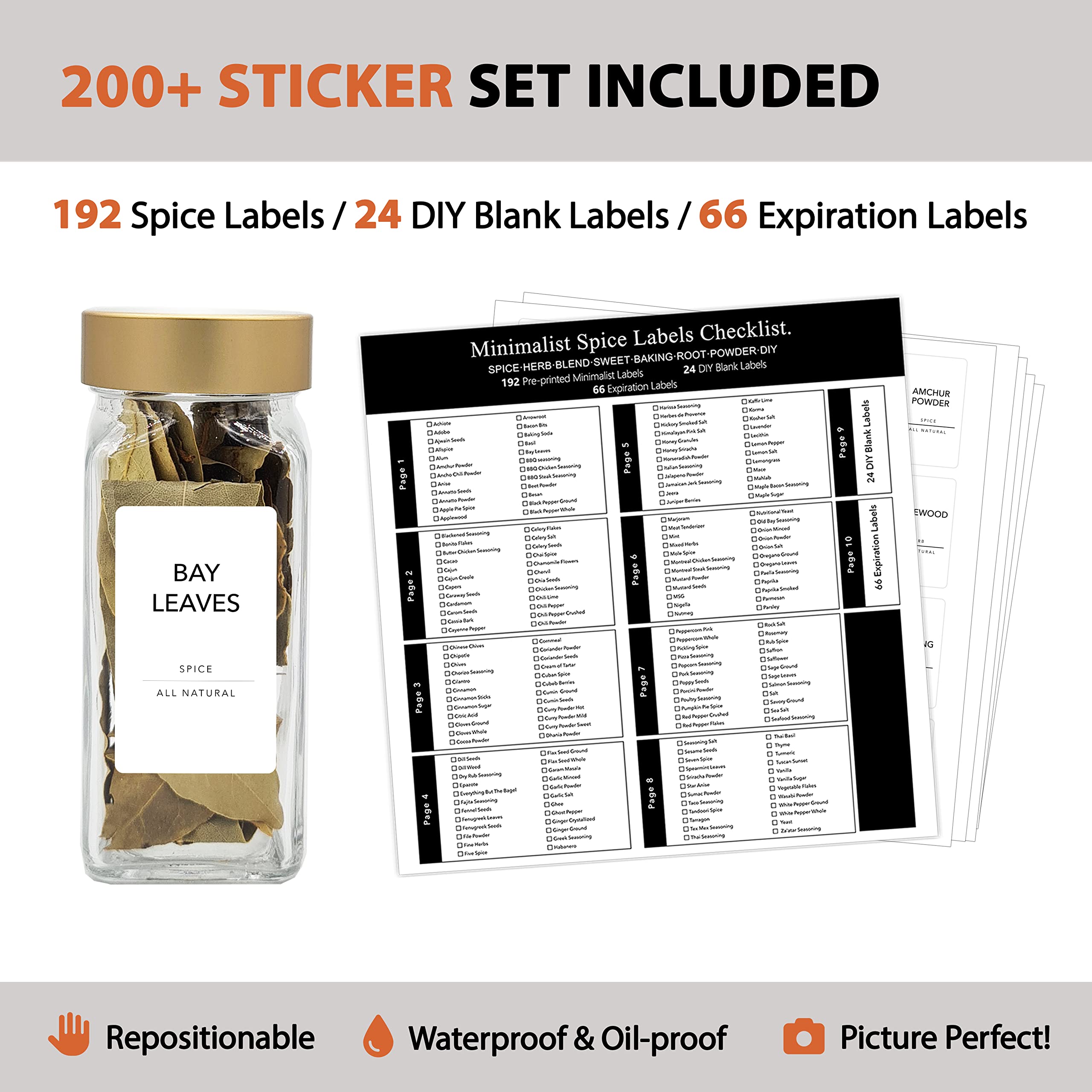 AYOUSIN 24 Spice Jars with Labels - 4oz Glass Spice Jars with Shaker Lids, 192 Spice Labels, 24 DIY Labels & 66 Expiration Labels - Spice Containers with Gold Lids - Seasoning Jars for Spice Rack