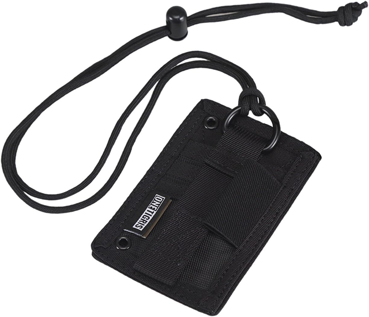 OneTigris Tactical ID Card Holder Hook & Loop Patch Badge Holder Neck Lanyard Key Ring and Credit Card Organizer (Black)