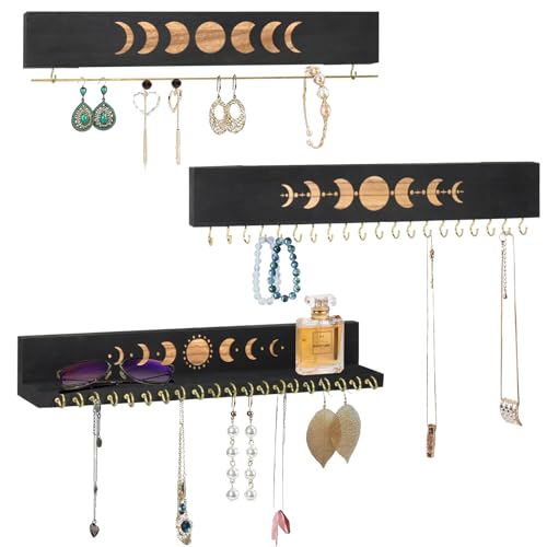 Y&ME YM Jewelry Holder Organizer Wall Mount Set of 3, Hanging Bracelet Necklace Ring Earring Holder Organizer, Wood Floating Shelves for Wall Décor, Sunglass Organizer, Moon Shelf for Crystal Display