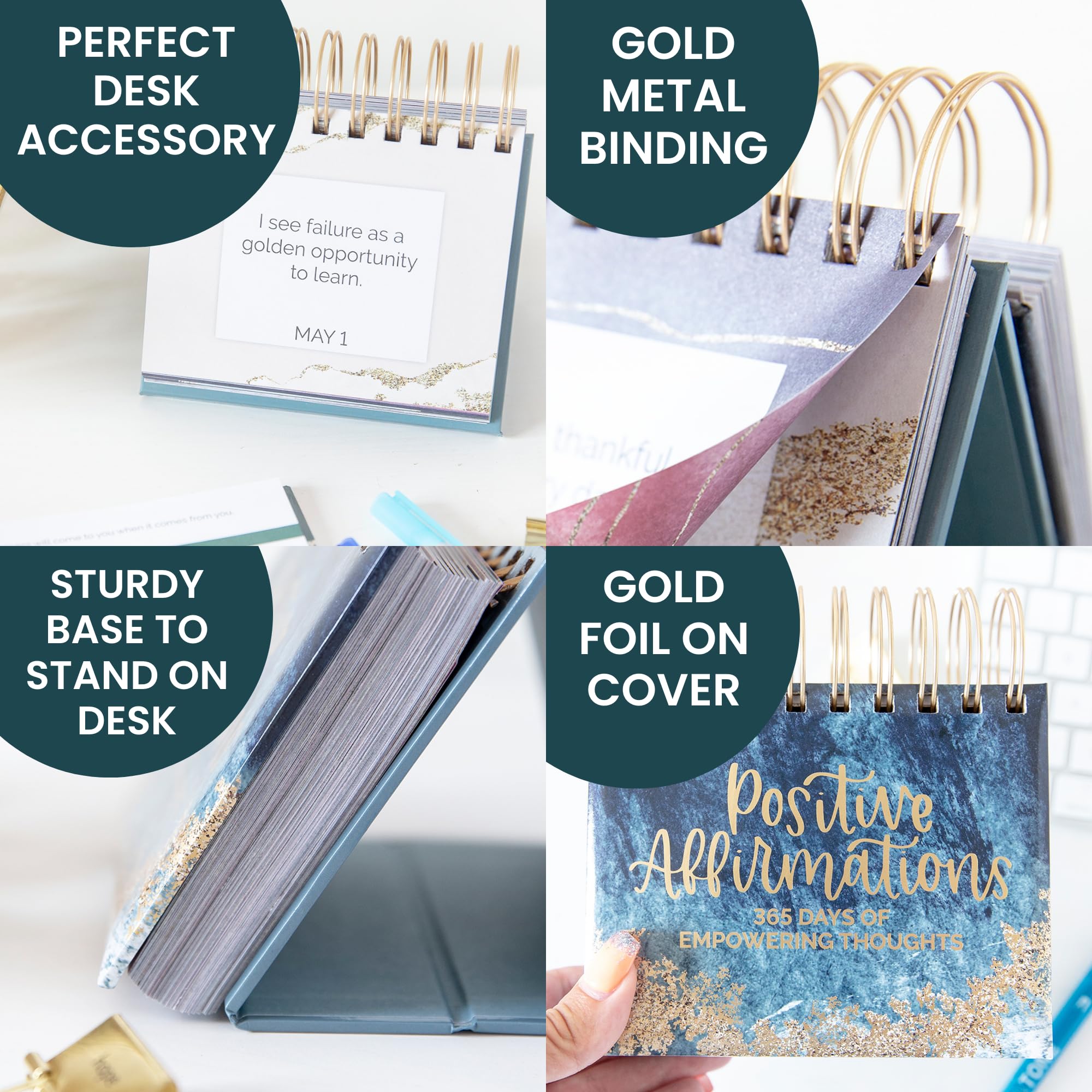 bloom daily planners Undated Perpetual Desk Easel / Inspirational Standing Flip Calendar - Page a Day - (5.25" x 5.5") - Positive Daily Affirmations