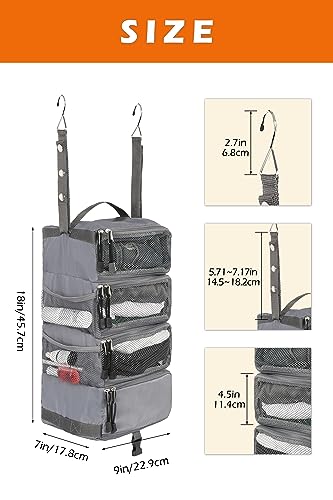 ELEZAY Hanging Packing Cubes with Compression Capability Portable 4-Shelf Closet for Travel Collapsible Space Saver Bag Clothes Organizer for Carry-on Luggage Suitcase Small_18*9 * 7 IN, Lightgrey