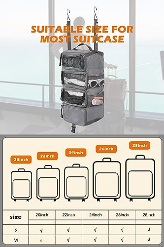 ELEZAY Hanging Packing Cubes with Compression Capability Portable 4-Shelf Closet for Travel Collapsible Space Saver Bag Clothes Organizer for Carry-on Luggage Suitcase Small_18*9 * 7 IN, Lightgrey