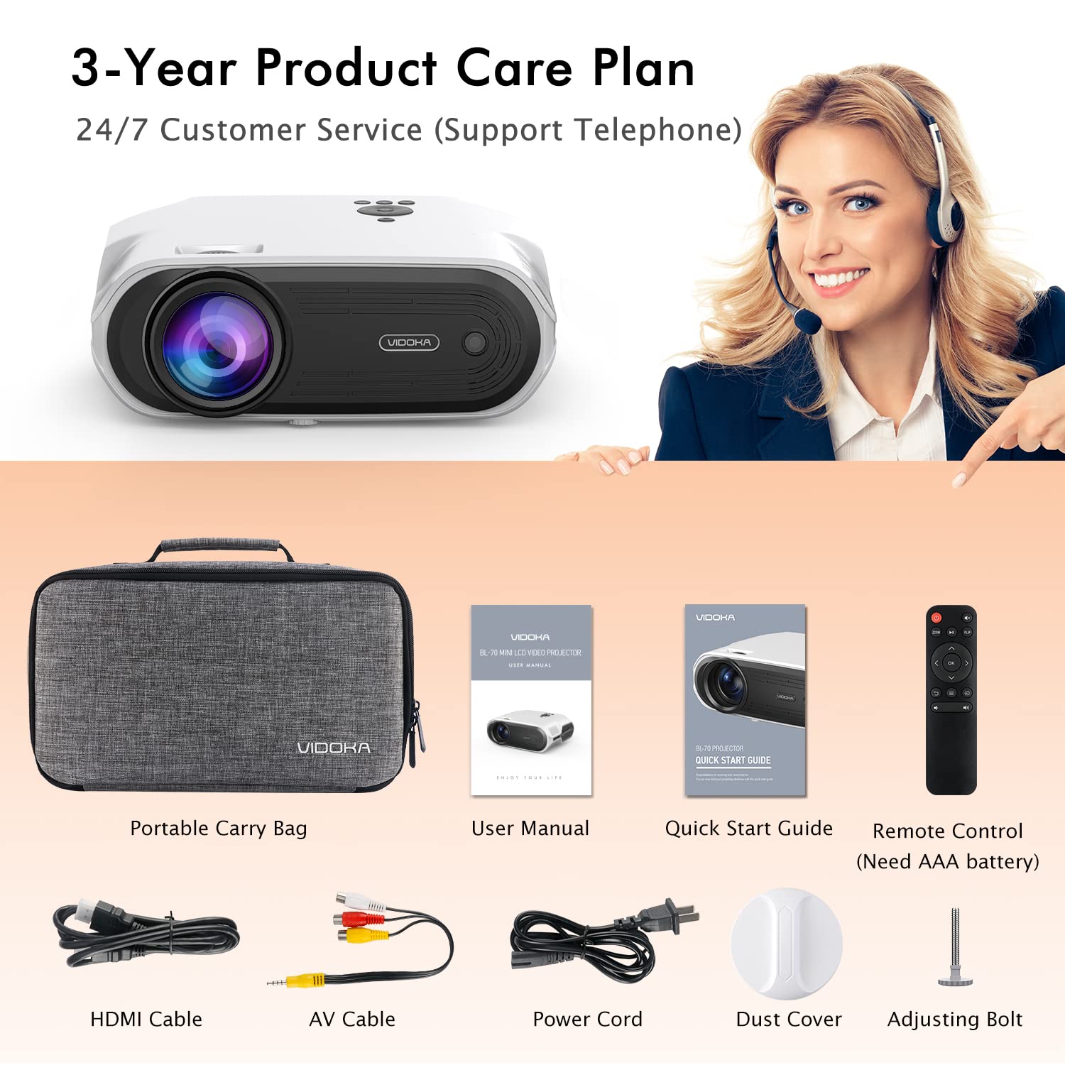 VIDOKA Native 1080P Projector with WiFi and Bluetooth, 8000L Full HD Projector for Home Outdoor Movie, Support 4K and Video Zoom,Sleep Timer, Compatible w/ TV Stick/iPhone/iPad/Laptop/PC/Smartphone