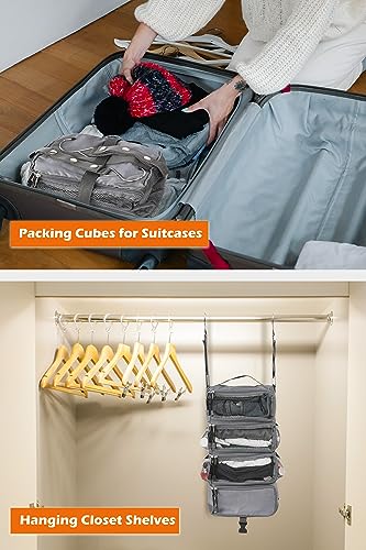 ELEZAY Hanging Packing Cubes with Compression Capability Portable 4-Shelf Closet for Travel Collapsible Space Saver Bag Clothes Organizer for Carry-on Luggage Suitcase Small_18*9 * 7 IN, Lightgrey
