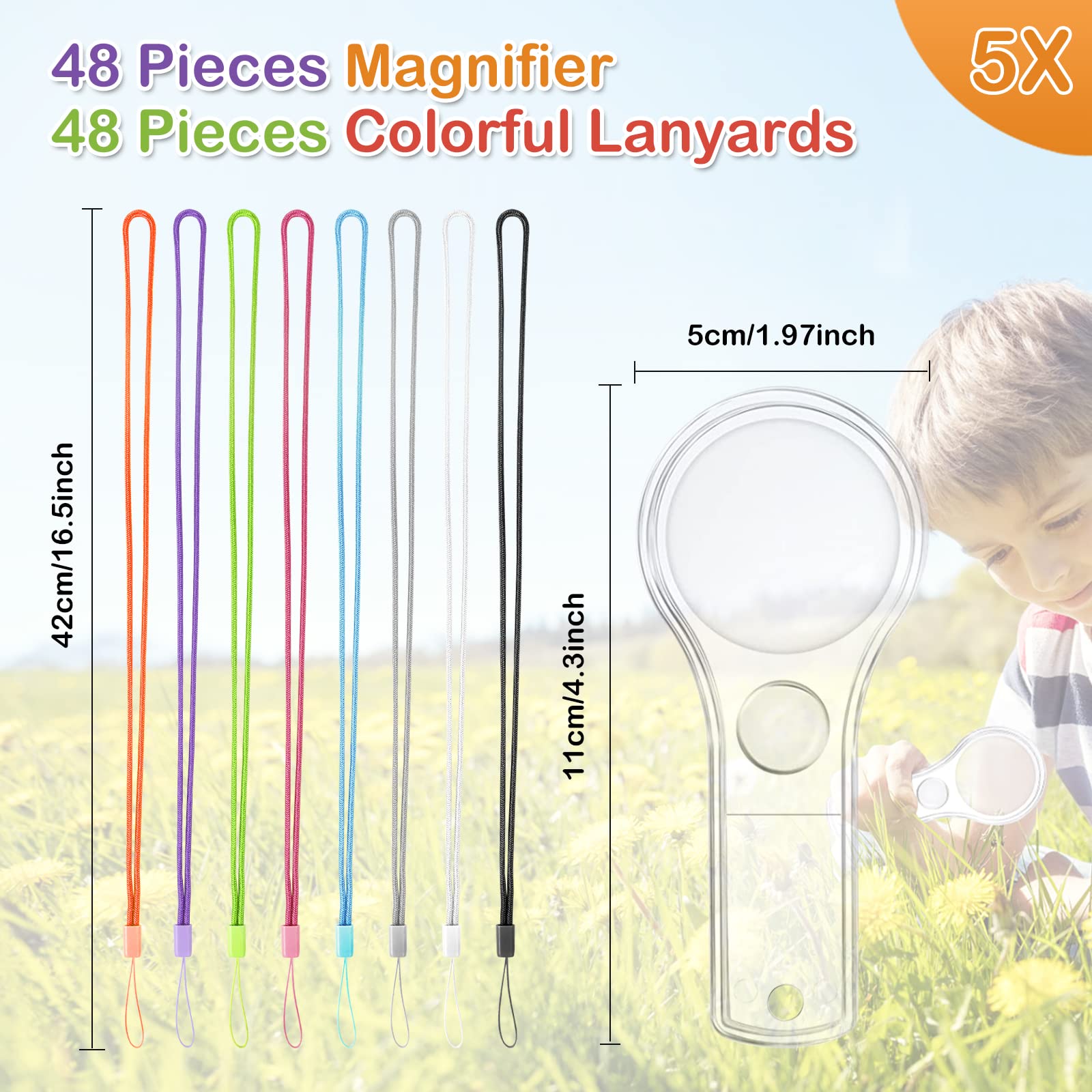 IRCHLYN 48Pcs Magnifying Glass for Kids Plastic Magnifier 5X Mini Hand Lens with 48 Lanyards for Science Class Reading Party Outdoor Observation Activity