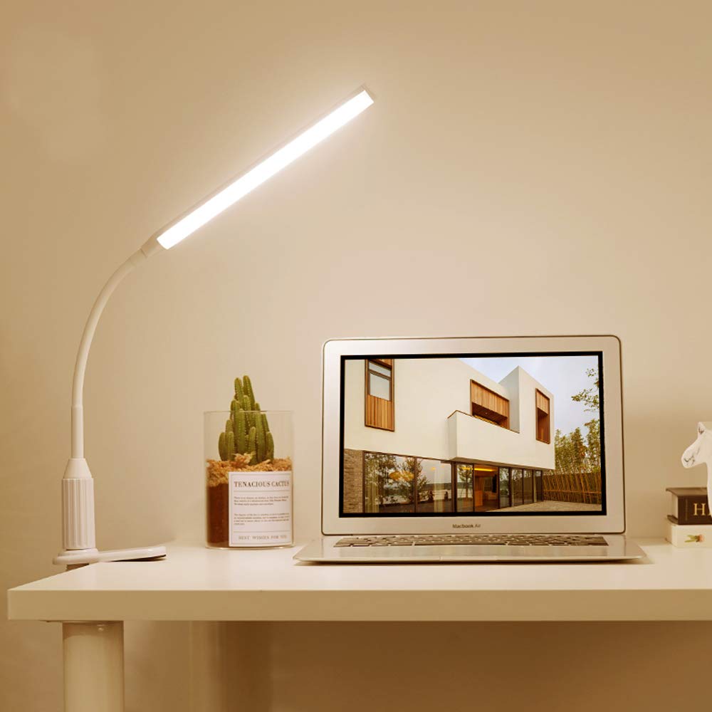 PSIVEN LED Desk Lamp, Clamp on Desk Light, Eye-Caring Gooseneck Clip on Light, 3 Color Modes, Stepless Dimming - Highly Adjustable Clamp Task Lamp/Table Lamp for Reading, Sewing, Drafting, Office