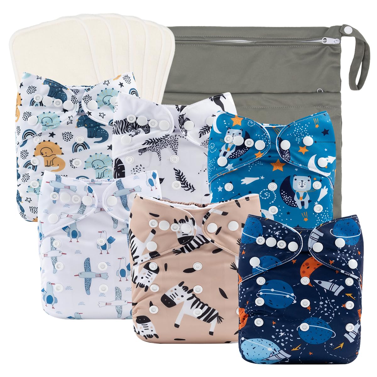 babygoal Reusable Cloth Diapers for Baby Boys, One Size Adjustable Washable Pocket Nappy Covers 6 Pack+6pcs Bamboo Inserts+Wet Bag 6FB36