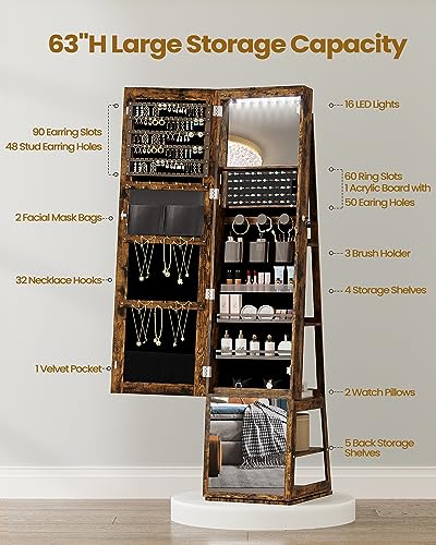 Hzuaneri 16 LEDs Jewelry Cabinet Armoire, 63" H Standing Jewelry Organizer with 360° Rotating Base, Lockable Full-length Mirror, 4-tier Storage Shelves, 4-in-1 design, Rustic Brown JC16003X