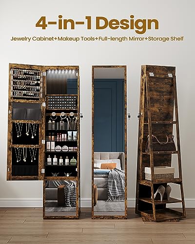 Hzuaneri 16 LEDs Jewelry Cabinet Armoire, 63" H Standing Jewelry Organizer with 360° Rotating Base, Lockable Full-length Mirror, 4-tier Storage Shelves, 4-in-1 design, Rustic Brown JC16003X