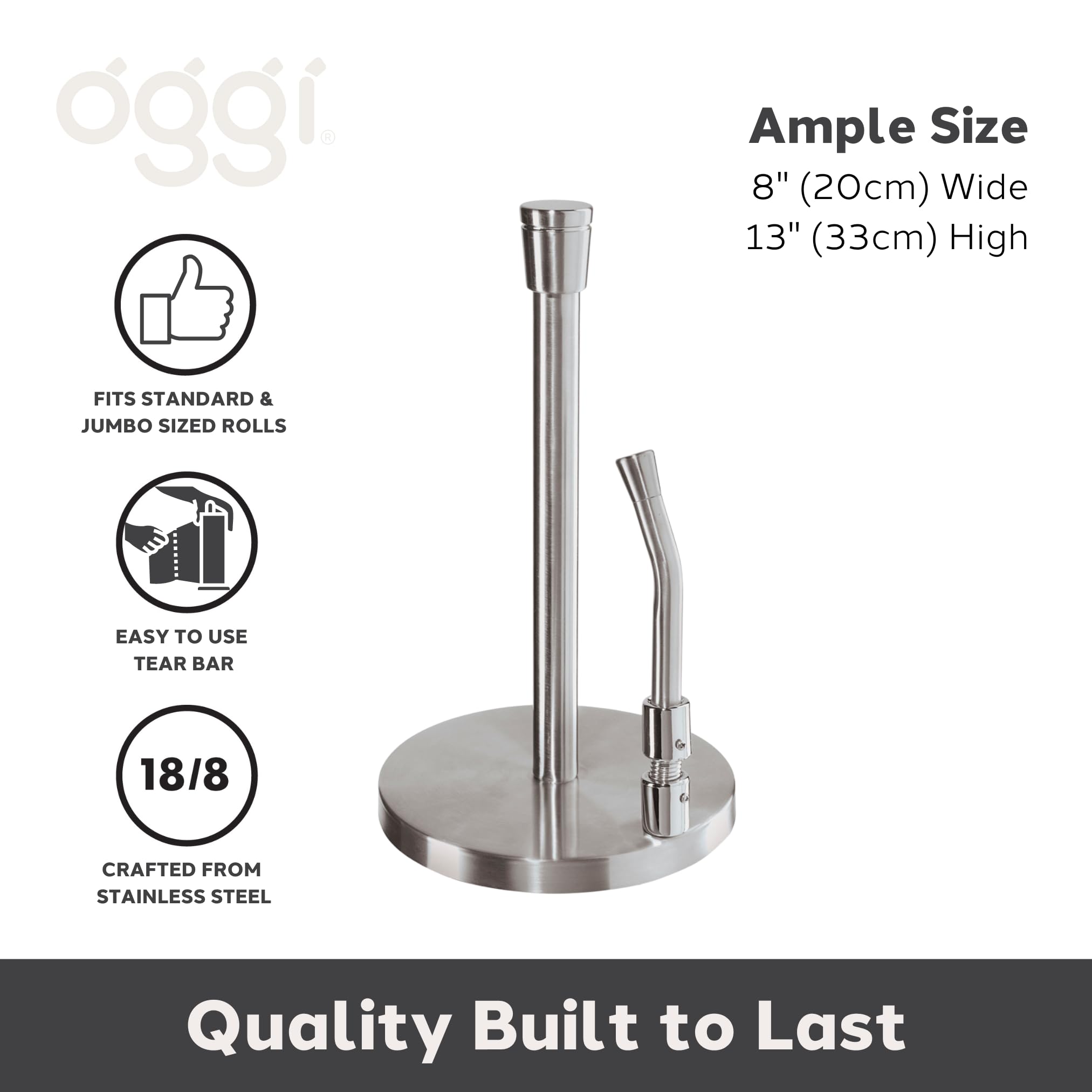 Oggi Stainless Steel Tension Arm Paper Towel Holder, Silver
