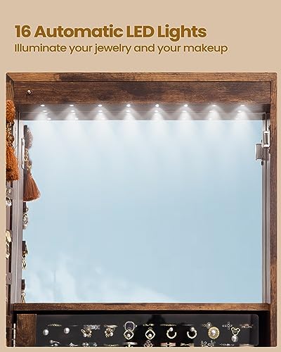 Hzuaneri 16 LEDs Jewelry Cabinet Armoire, 63" H Standing Jewelry Organizer with 360° Rotating Base, Lockable Full-length Mirror, 4-tier Storage Shelves, 4-in-1 design, Rustic Brown JC16003X