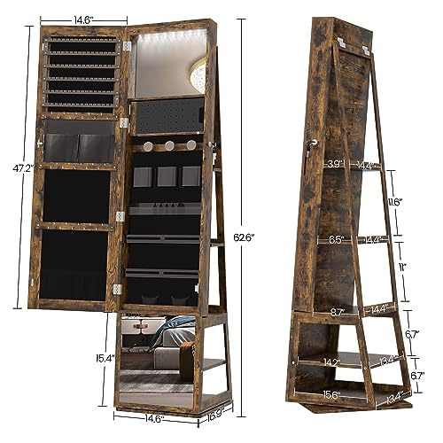 Hzuaneri 16 LEDs Jewelry Cabinet Armoire, 63" H Standing Jewelry Organizer with 360° Rotating Base, Lockable Full-length Mirror, 4-tier Storage Shelves, 4-in-1 design, Rustic Brown JC16003X