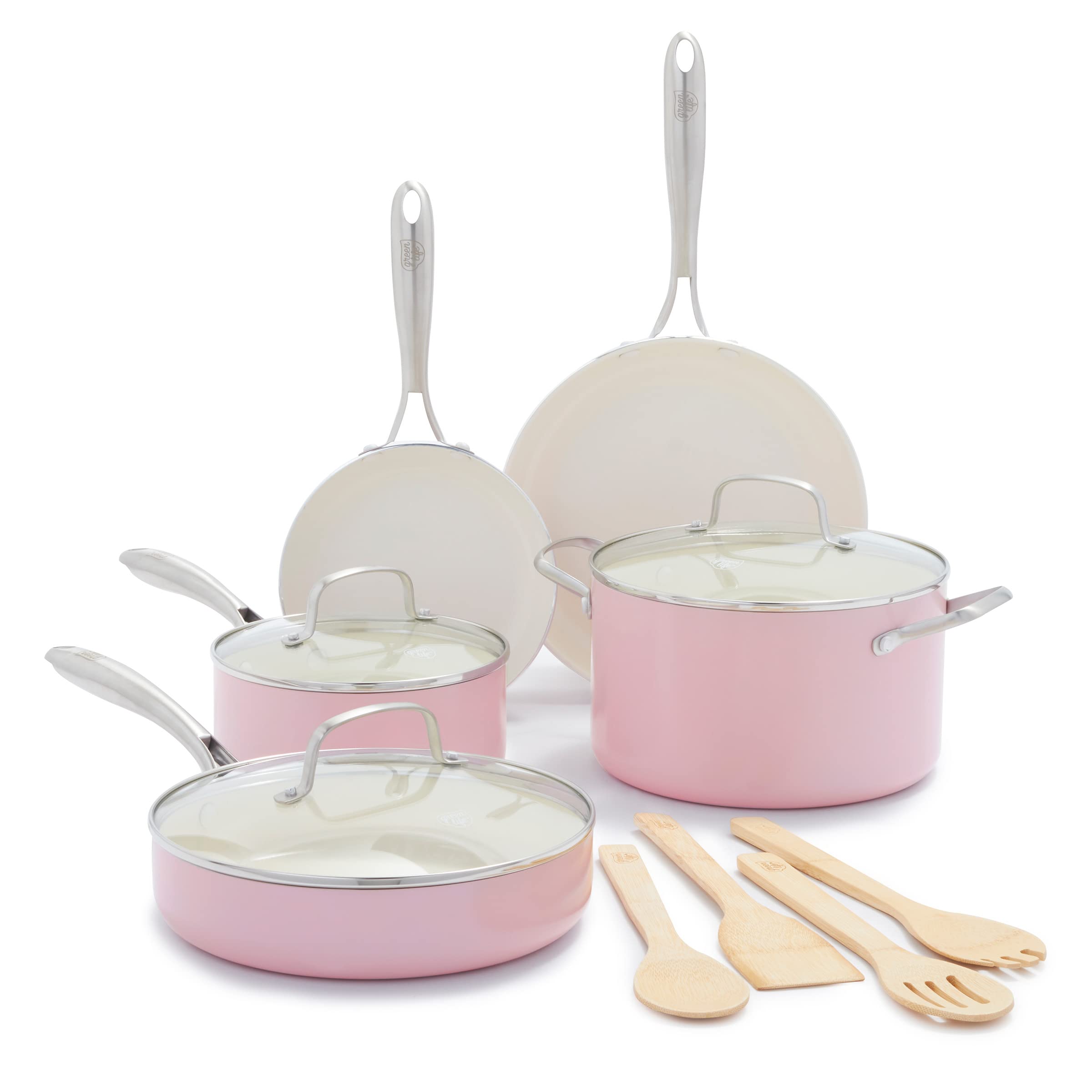 GreenLife Artisan Healthy Ceramic Nonstick, 12 Piece Cookware Pots and Pans Set, Stainless Steel Handle, Induction, PFAS-Free, Dishwasher Safe, Oven Safe, Pink