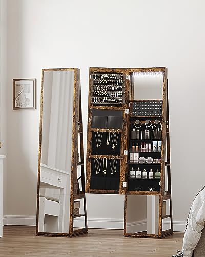 Hzuaneri 16 LEDs Jewelry Cabinet Armoire, 63" H Standing Jewelry Organizer with 360° Rotating Base, Lockable Full-length Mirror, 4-tier Storage Shelves, 4-in-1 design, Rustic Brown JC16003X