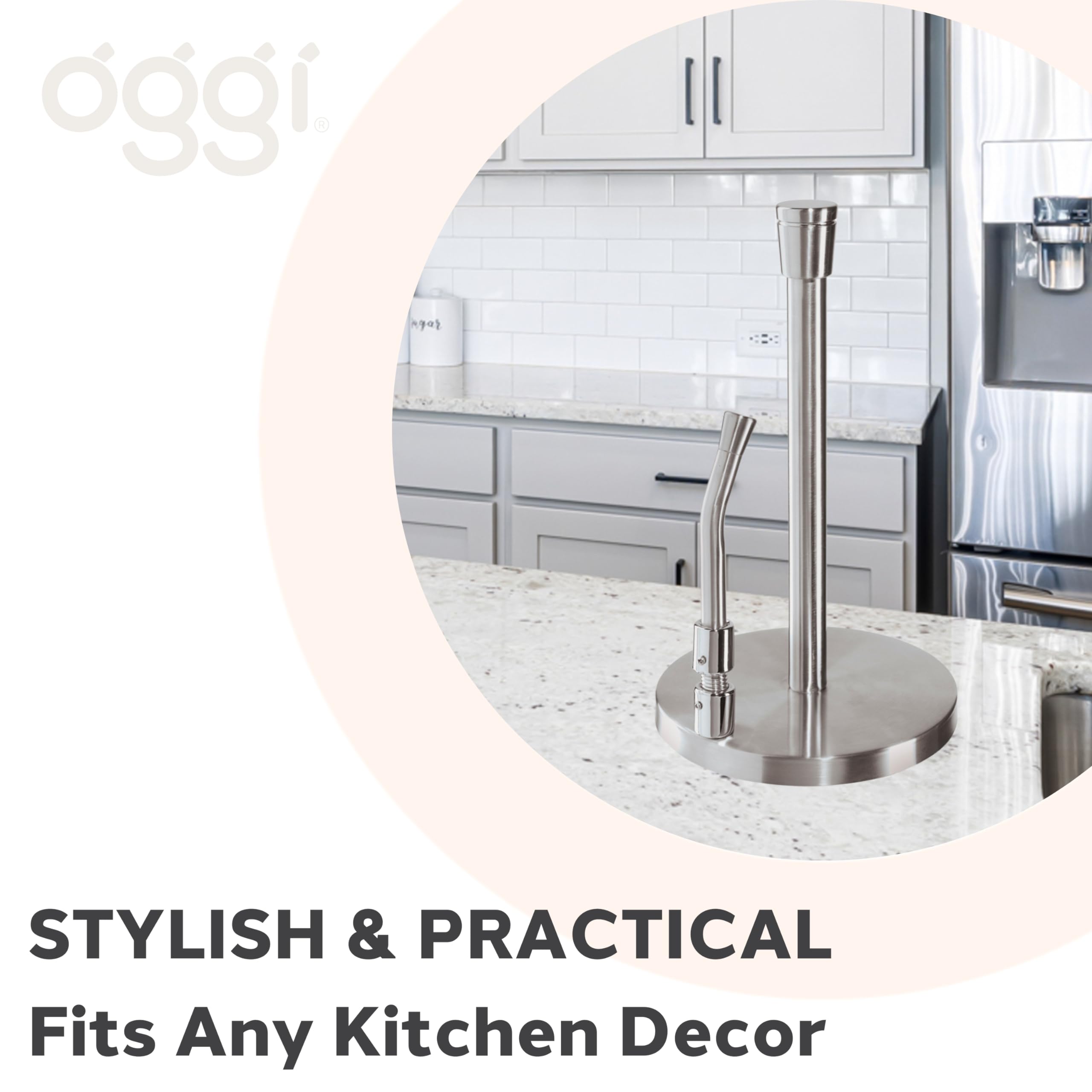Oggi Stainless Steel Tension Arm Paper Towel Holder, Silver