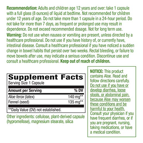 Nature's Way Aloe Latex with Fennel, for Occasional Constipation*, Non-GMO Project Verified, Vegan, 100 Capsules