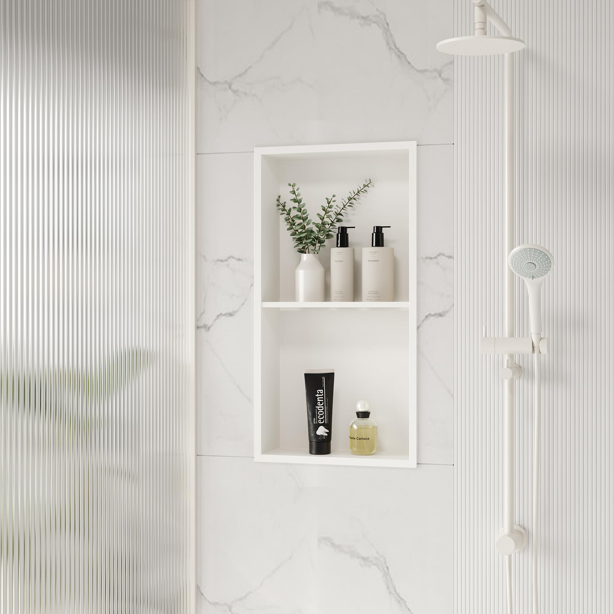 Qeke Stainless Steel Shower Niche 24" X 12", No Tile Needed Wall Niche Double Shelves, Recessed Niche Shower for Bathroom Storage, Matte White