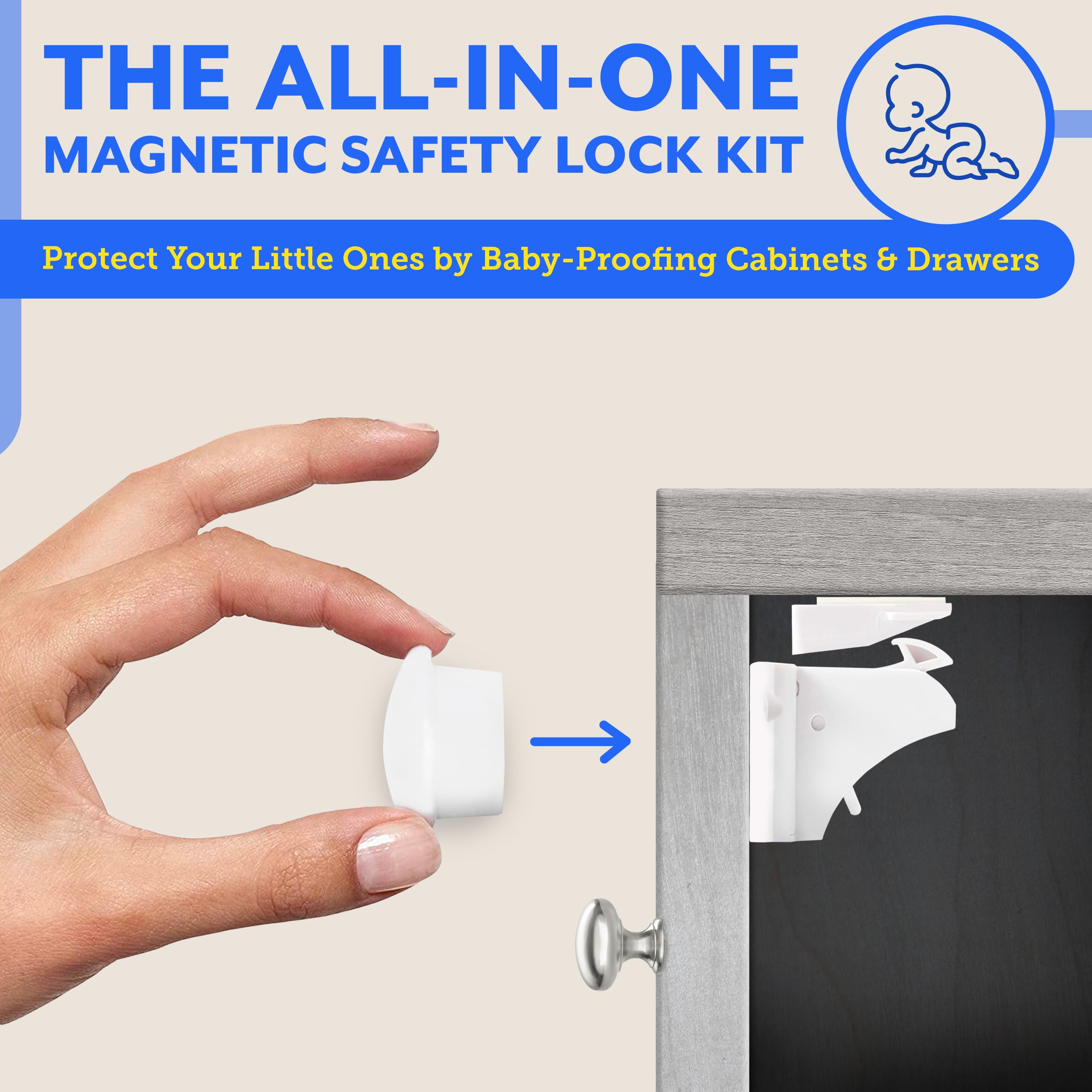 Eco-Baby Cabinet Locks for Babies - 20-Pack Magnetic Baby Proof Safety Latches, 3 Keys - Magnetic Child Proof Cupboard Drawers, Doors - Easy Installation No Drilling or Tools Required