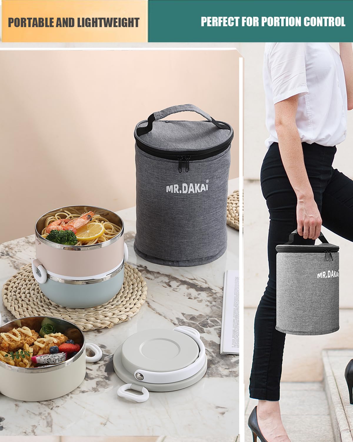 Bento Box Adult Lunch Box with Insulated Bag Spoon Fork, Stainless Steel Thermal Food Container 3-Tier Stackable Lunch Box for Adults Teens, Leak-proof Salad Snack Boxes for Work, School- Rainbow
