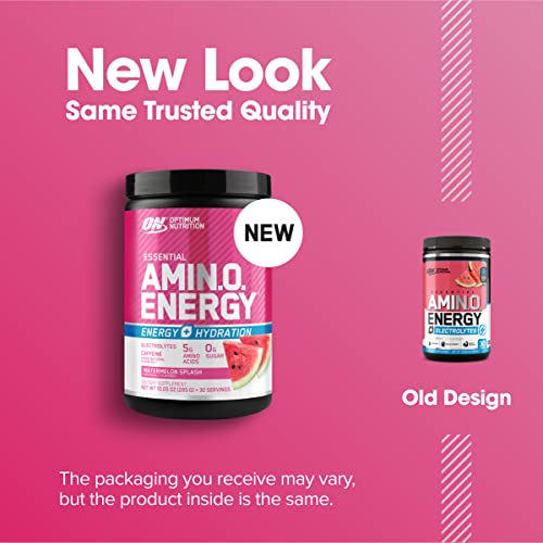Optimum Nutrition Amino Energy Plus Electrolytes Energy Drink Powder, Caffeine for Pre-Workout Energy, Amino Acids / BCAAs for Post-Workout Recovery, Watermelon Splash, 30 Servings- Packaging May Vary