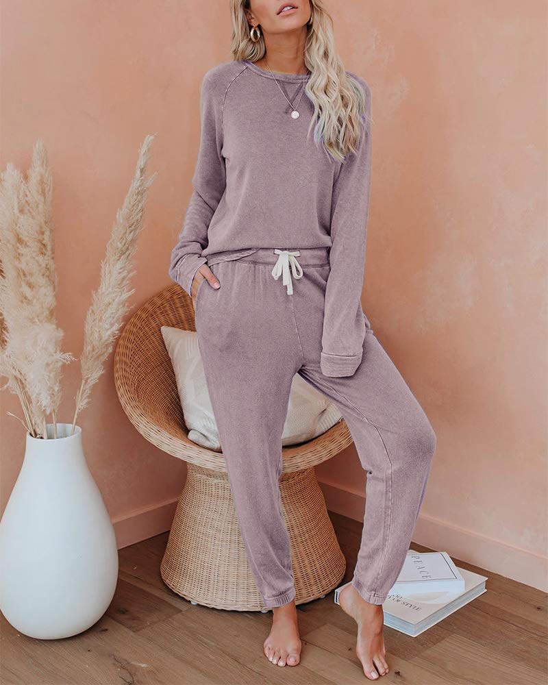 Eurivicy Women's Solid Loungewear Set 2 Piece Long Sleeve Pullover and Drawstring Sweatpants Sport Outfits Sets