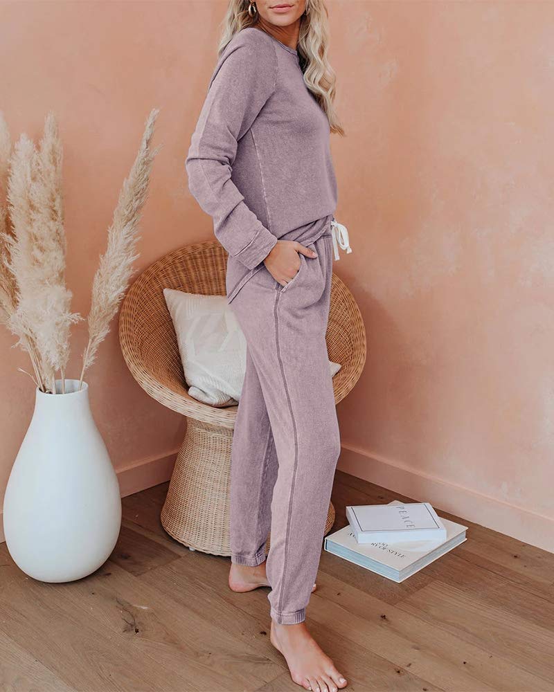 Eurivicy Women's Solid Loungewear Set 2 Piece Long Sleeve Pullover and Drawstring Sweatpants Sport Outfits Sets