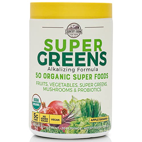 COUNTRY FARMS Super Greens Banana Flavor, 50 Organic Foods, USDA Organic Drink Mix, 20 Servings, Apple, 10.6 Oz