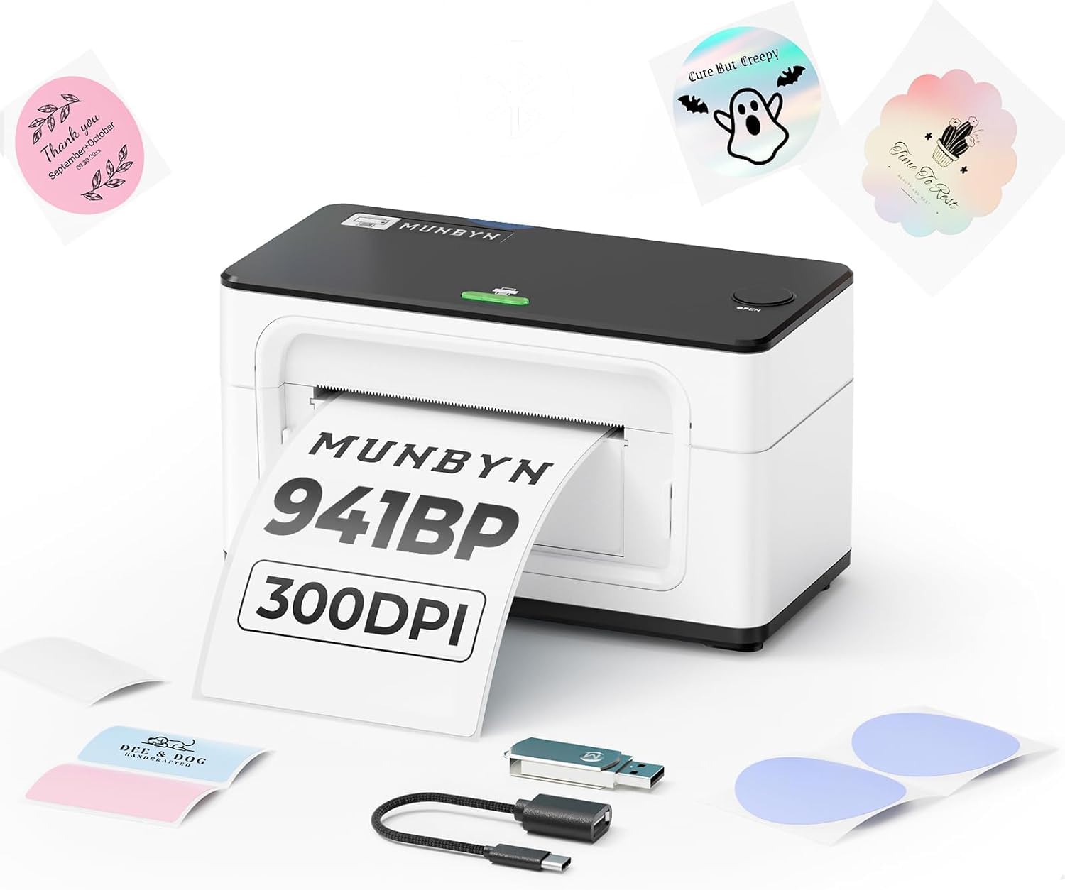 MUNBYN Thermal Label Printer 300DPI, 4x6 USB Shipping Label Printer for Shipping Packages & Small Business, Thermal Printer for Shipping Labels with USPS Shopify Ebay, One-Click Setup for Windows Mac
