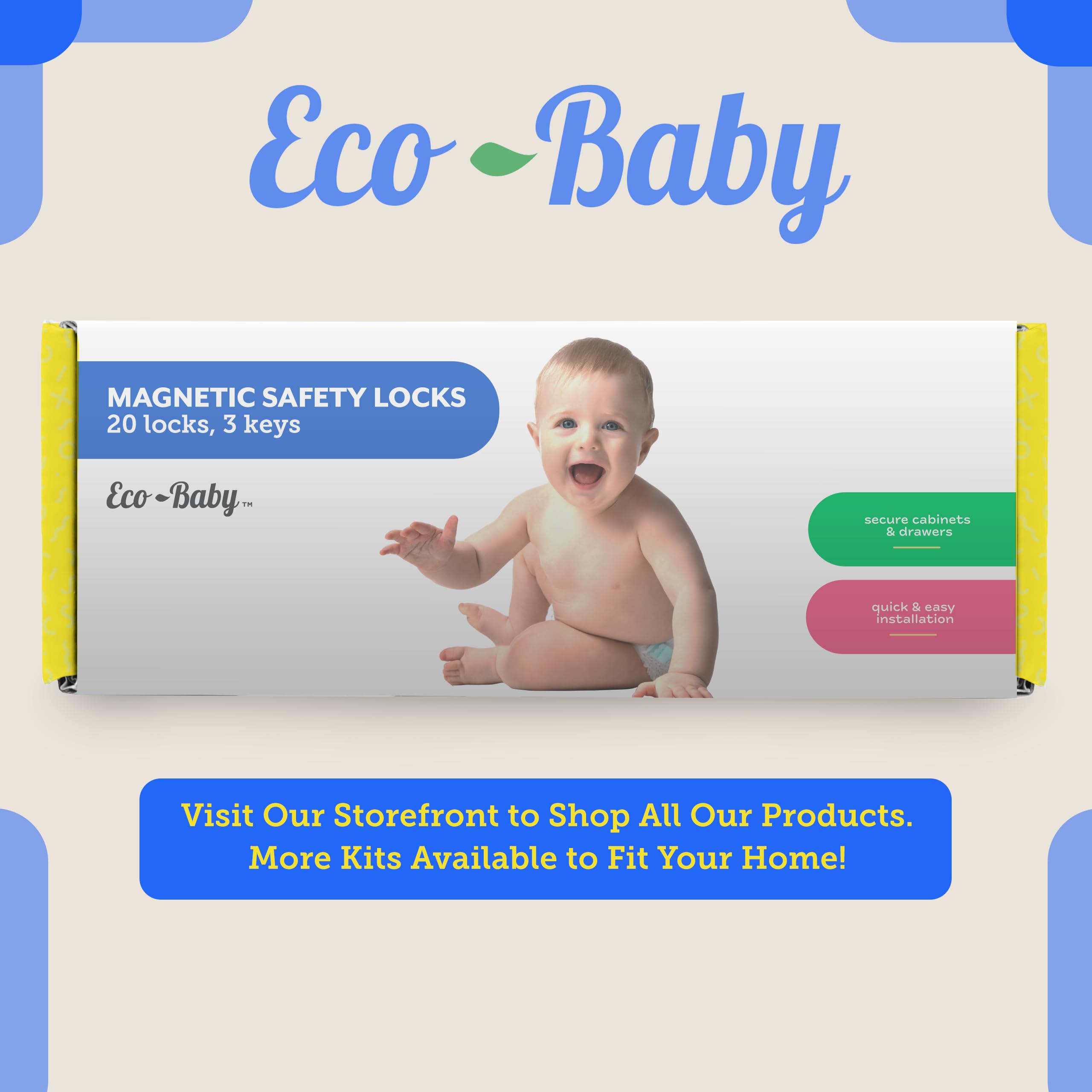 Eco-Baby Cabinet Locks for Babies - 20-Pack Magnetic Baby Proof Safety Latches, 3 Keys - Magnetic Child Proof Cupboard Drawers, Doors - Easy Installation No Drilling or Tools Required