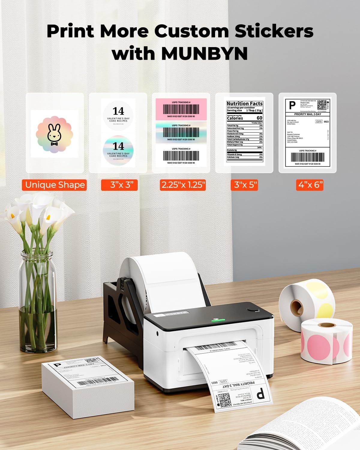 MUNBYN Thermal Label Printer 300DPI, 4x6 USB Shipping Label Printer for Shipping Packages & Small Business, Thermal Printer for Shipping Labels with USPS Shopify Ebay, One-Click Setup for Windows Mac