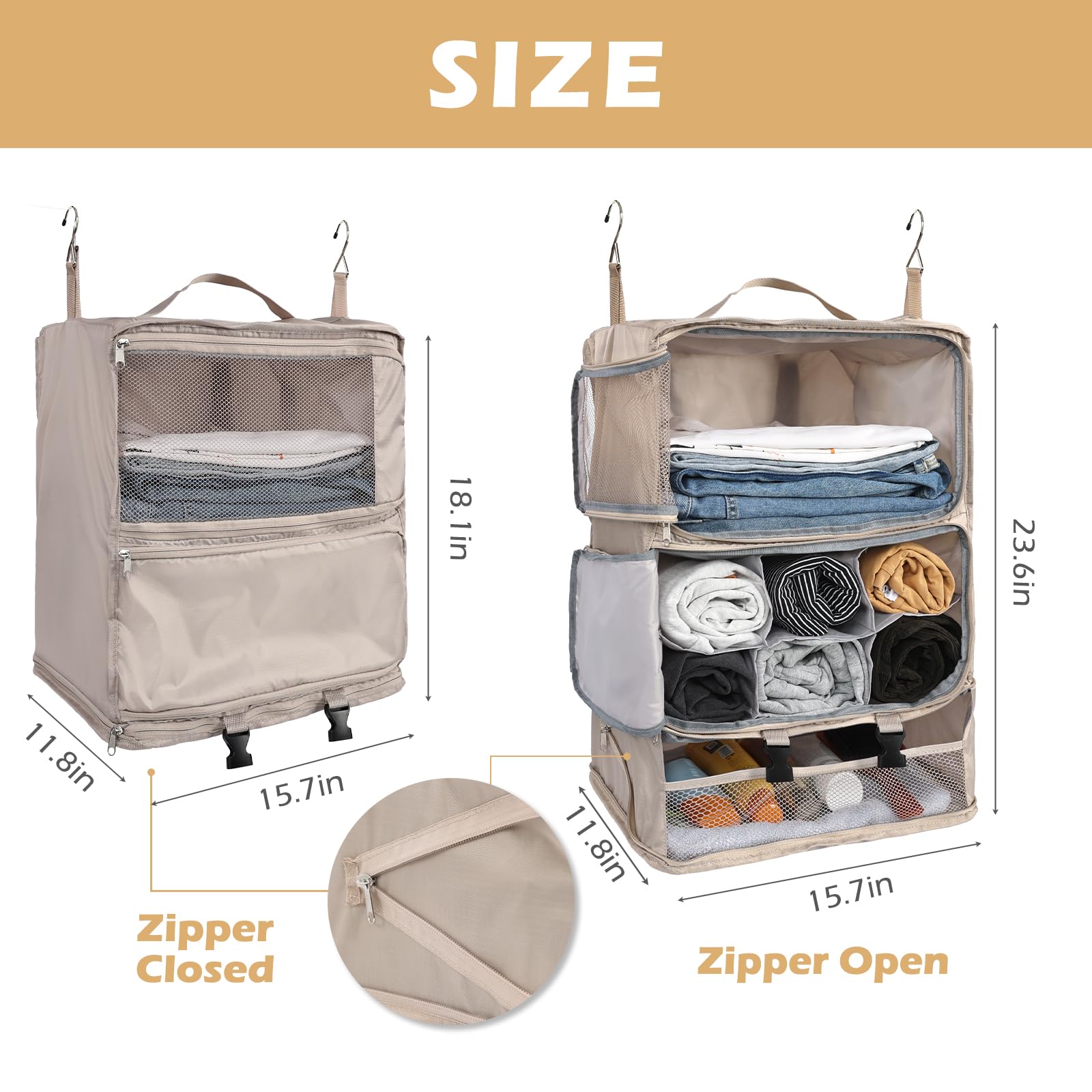 Surblue Hanging Shelves Travel Compression Packing Cube for Carry-on Luggage Suitcase Collapsible Transformable Garment Closet Organizers Large Capacity, Beige, XXL