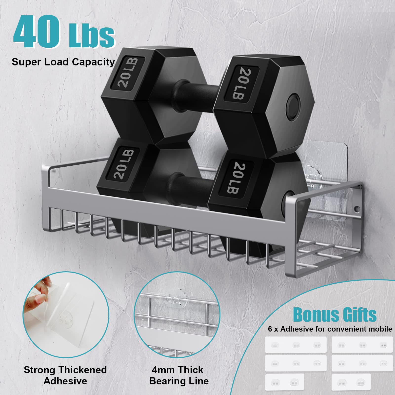 Kayfia Shower Caddy Basket Shelf with Soap Holder, 3 Pack Adhesive Organizer, No Drilling Rustproof Alloy Steel Mounted Racks with Towel Bar for Kitchen Bathroom Shampoo Storage (Silver Grey)