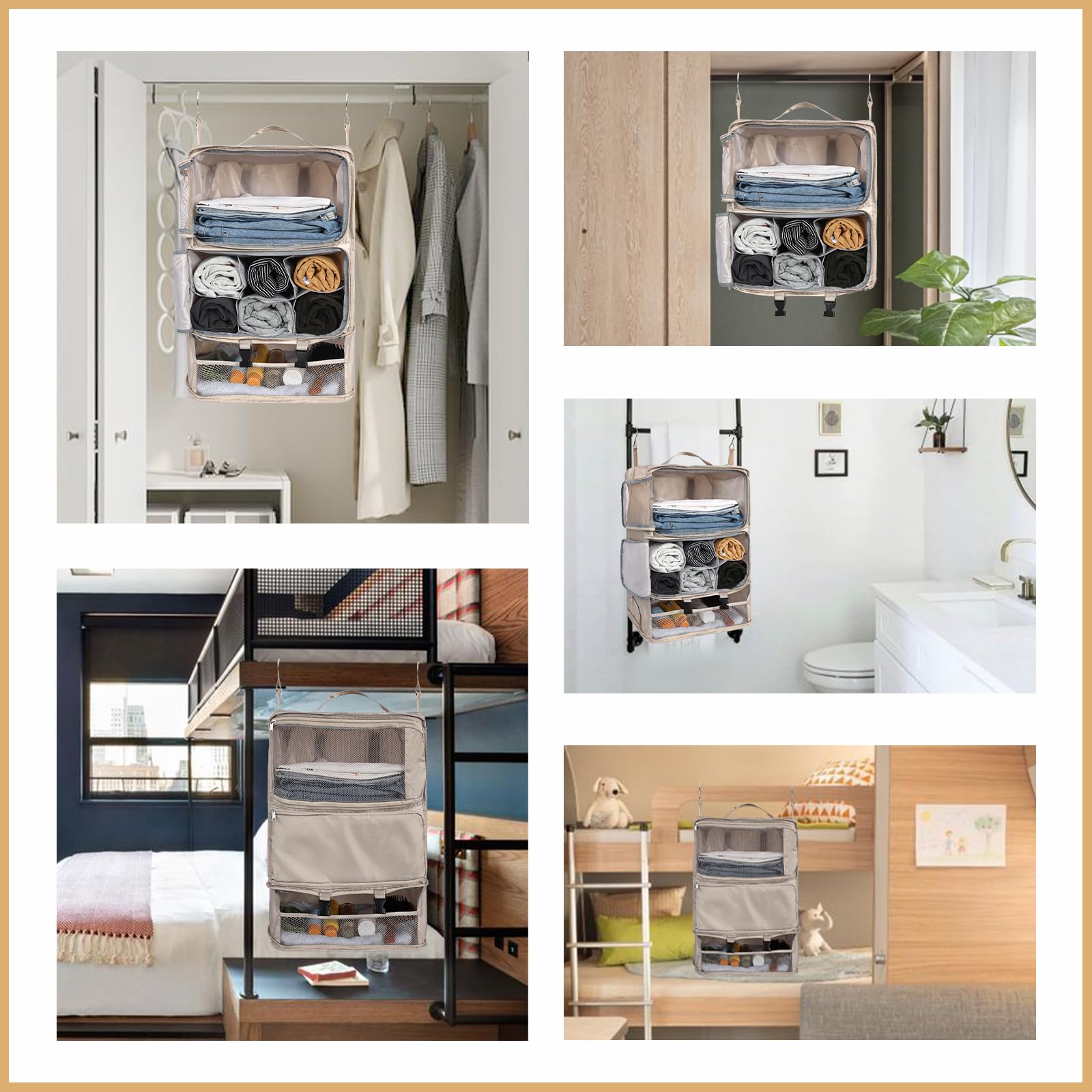 Surblue Hanging Shelves Travel Compression Packing Cube for Carry-on Luggage Suitcase Collapsible Transformable Garment Closet Organizers Large Capacity, Beige, XXL