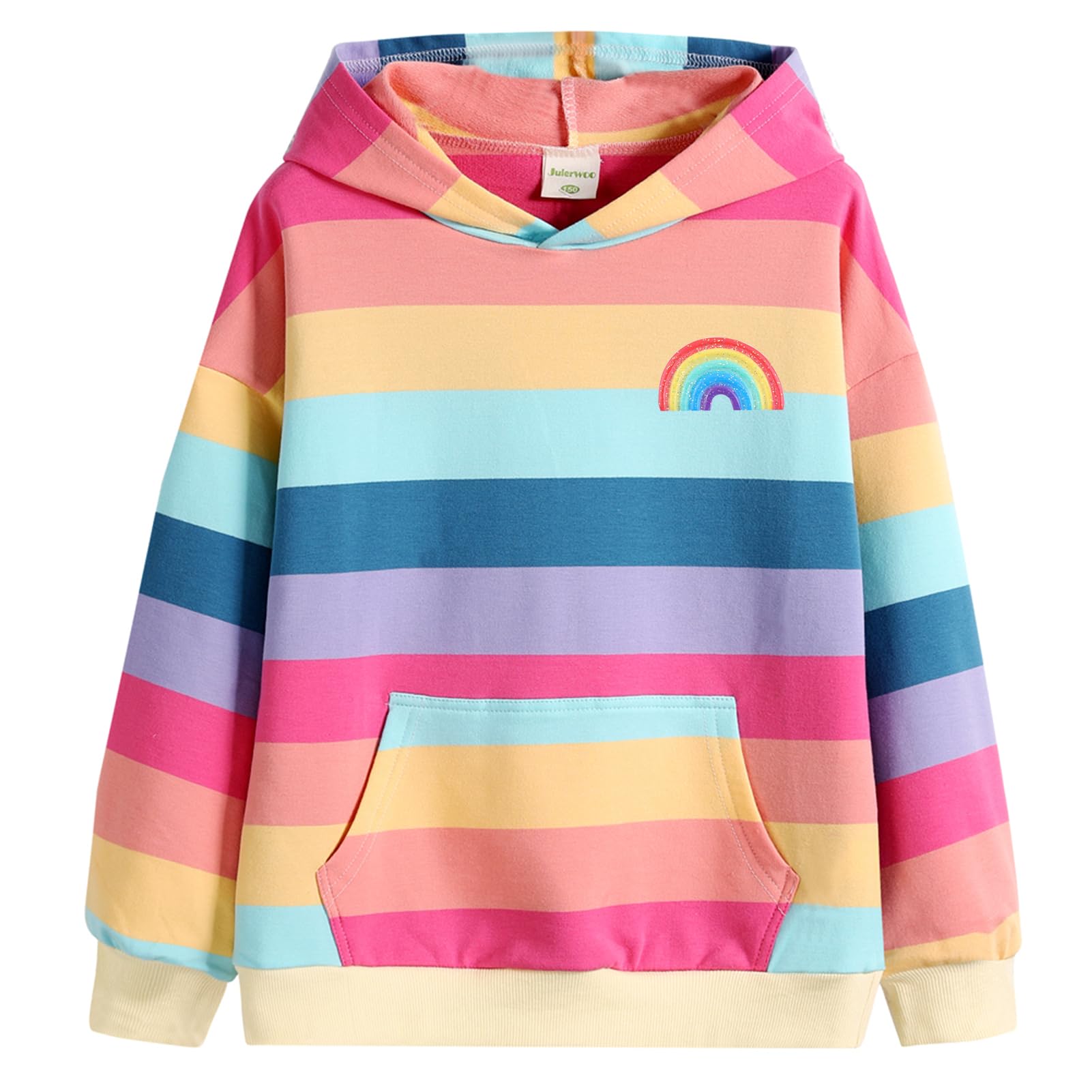 Julerwoo Girls Cotton Stripe Sweatshirt Hoodie Rainbow Embroidery Pocket Pullover Tops (7/8Y, Color Stripe)