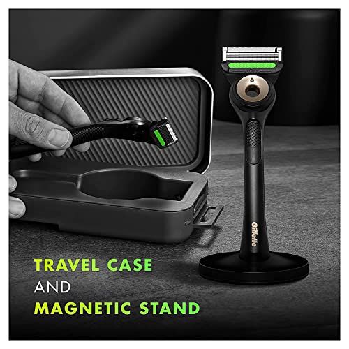 Gillette Razor for Men with Exfoliating Bar Gold Edition by GilletteLabs, Includes 1 Handle, 3 Razor Blade Refills, 1 Travel Case, 1 Premium Magnetic Stand