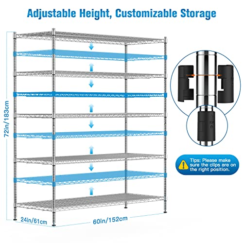 Raynesys Wire Shelving with Wheels, 3000Lbs Heavy Duty NSF-Certified Metal Storage Shelf, Commercial-Grade Adjustable Utility Rack with Shelf Liners Set of 5, 5-Tier 60x24x72 in, Chrome