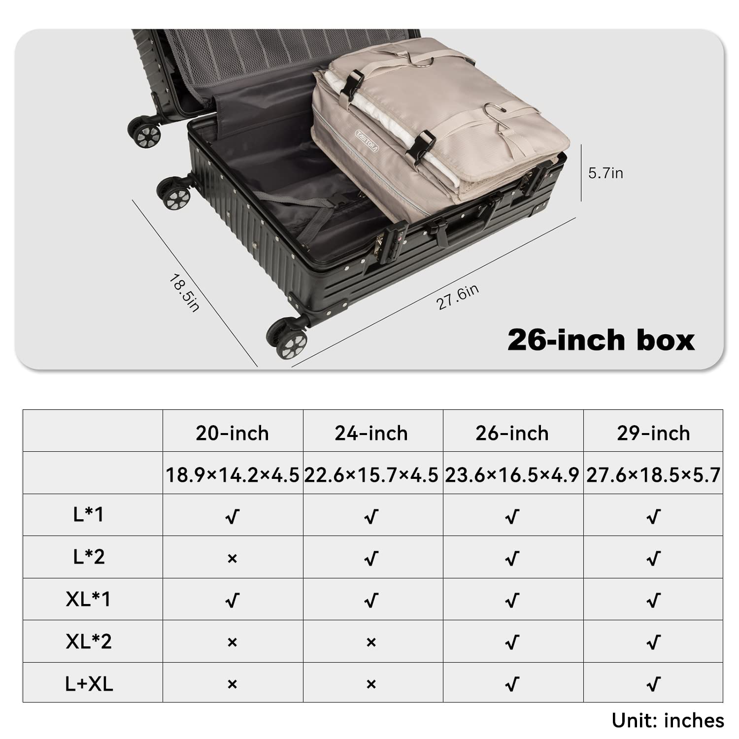 TABITORA Portable Hanging Travel Shelves Bag Packing Cube Organizer Suitcase Storage Large Capacity Beige L+XL