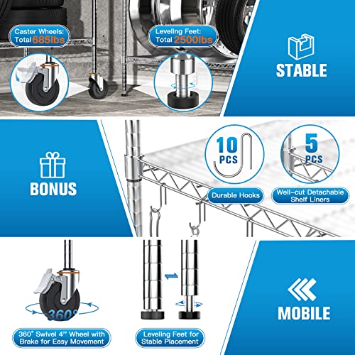 Raynesys Wire Shelving with Wheels, 3000Lbs Heavy Duty NSF-Certified Metal Storage Shelf, Commercial-Grade Adjustable Utility Rack with Shelf Liners Set of 5, 5-Tier 60x24x72 in, Chrome
