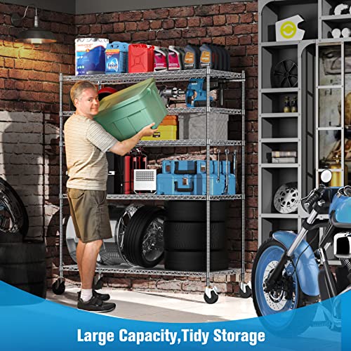 Raynesys Wire Shelving with Wheels, 3000Lbs Heavy Duty NSF-Certified Metal Storage Shelf, Commercial-Grade Adjustable Utility Rack with Shelf Liners Set of 5, 5-Tier 60x24x72 in, Chrome