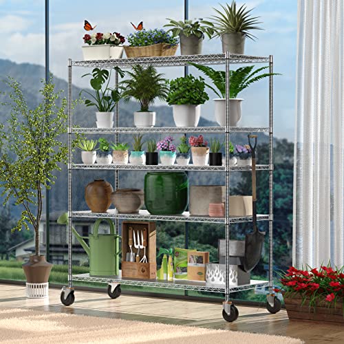 Raynesys Wire Shelving with Wheels, 3000Lbs Heavy Duty NSF-Certified Metal Storage Shelf, Commercial-Grade Adjustable Utility Rack with Shelf Liners Set of 5, 5-Tier 60x24x72 in, Chrome
