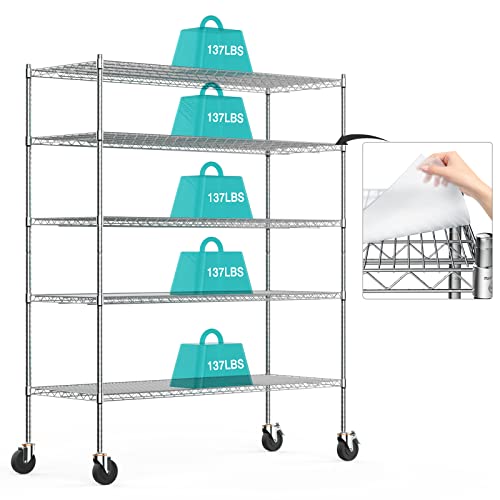 Raynesys Wire Shelving with Wheels, 3000Lbs Heavy Duty NSF-Certified Metal Storage Shelf, Commercial-Grade Adjustable Utility Rack with Shelf Liners Set of 5, 5-Tier 60x24x72 in, Chrome