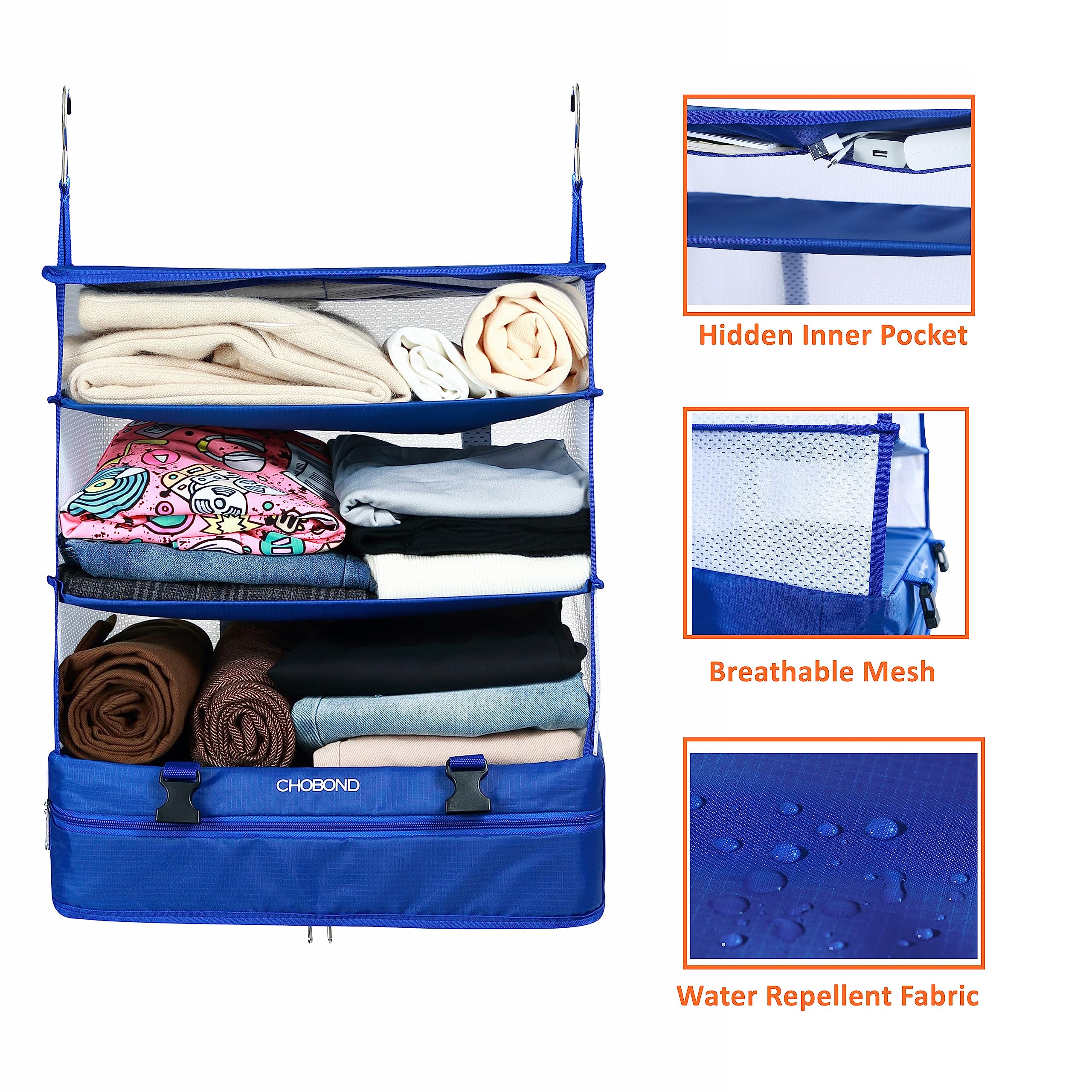 CHOBOND Travel Luggage Organizer Portable Hanging Travel Shelves Bag Multiple Compartments Packing Cube Organizer for Carry on Closet Suitcase Gray