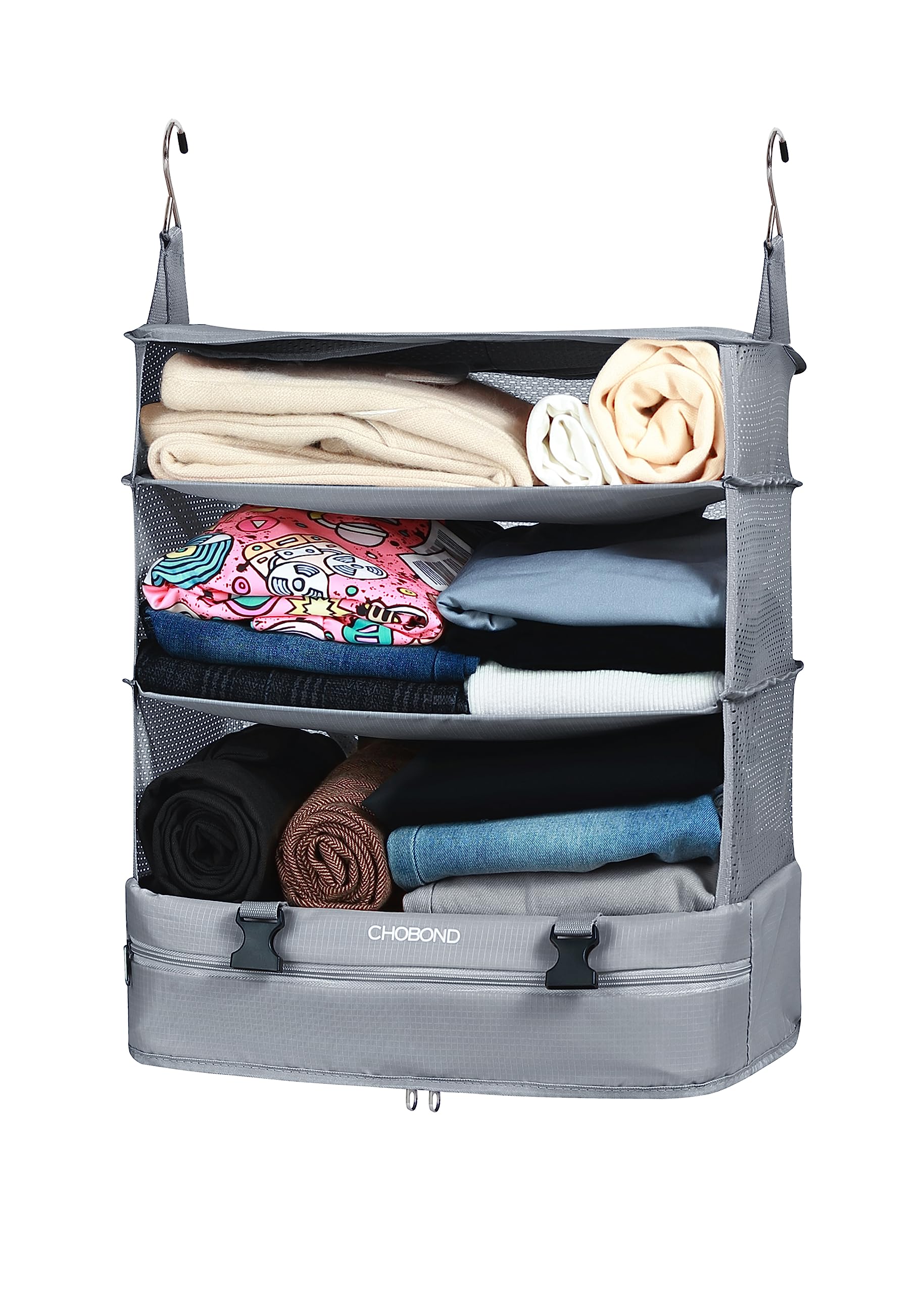 CHOBOND Travel Luggage Organizer Portable Hanging Travel Shelves Bag Multiple Compartments Packing Cube Organizer for Carry on Closet Suitcase Gray
